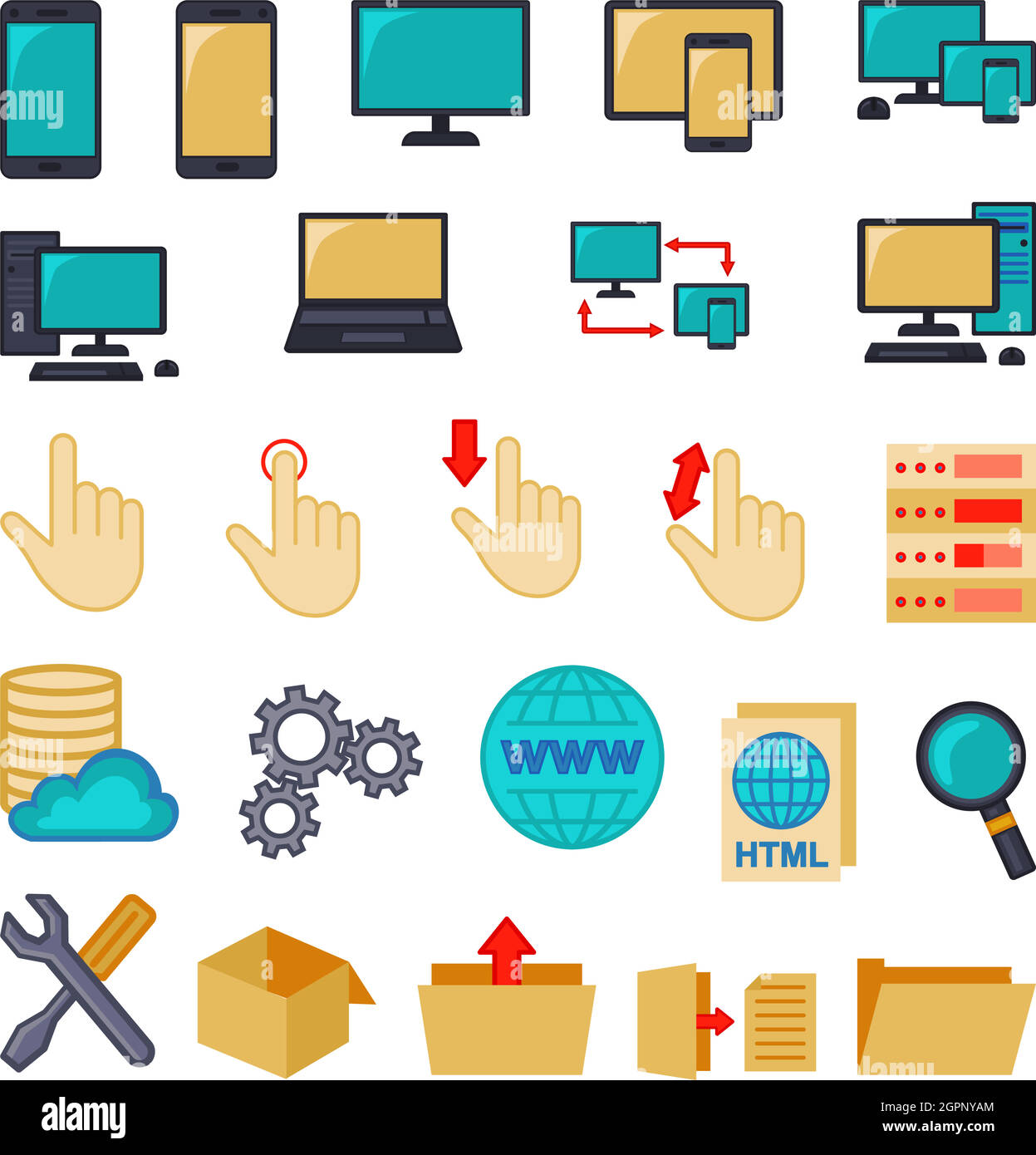 Carton colorful technology themed 24 elements icon collection. Vector ...