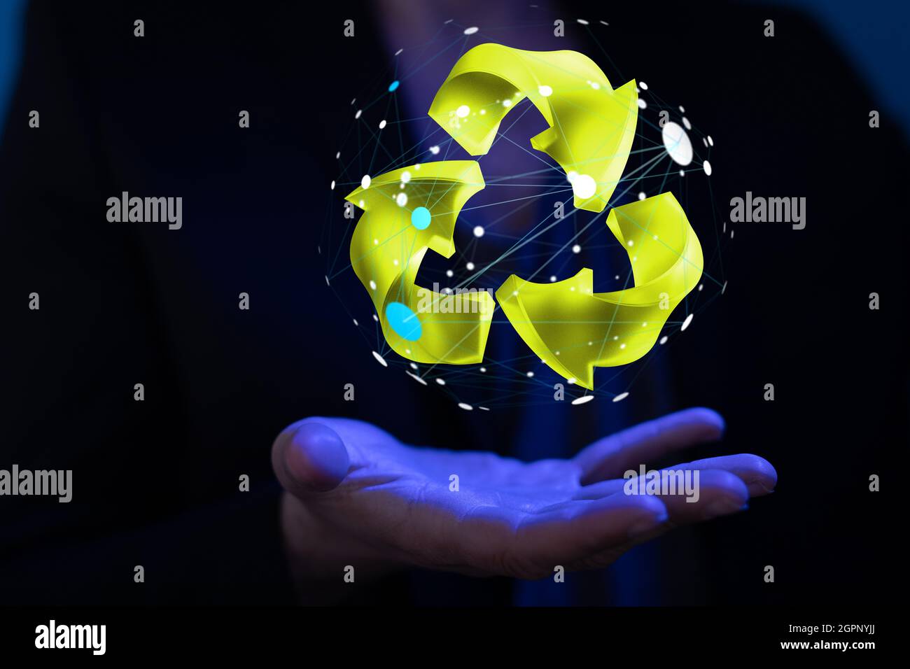 3d render of the recycling symbol above a hand Stock Photo - Alamy
