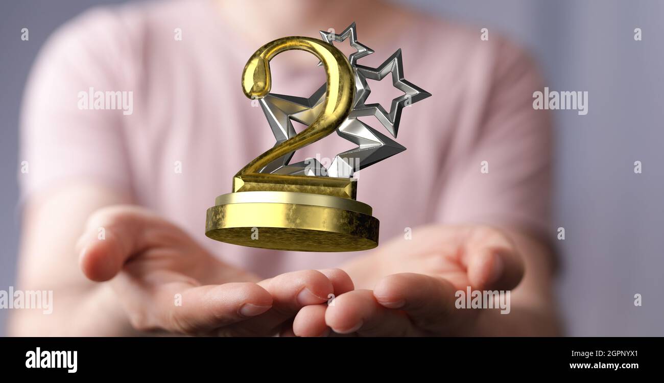 3D rendering of the 2nd award prize in female hands Stock Photo - Alamy
