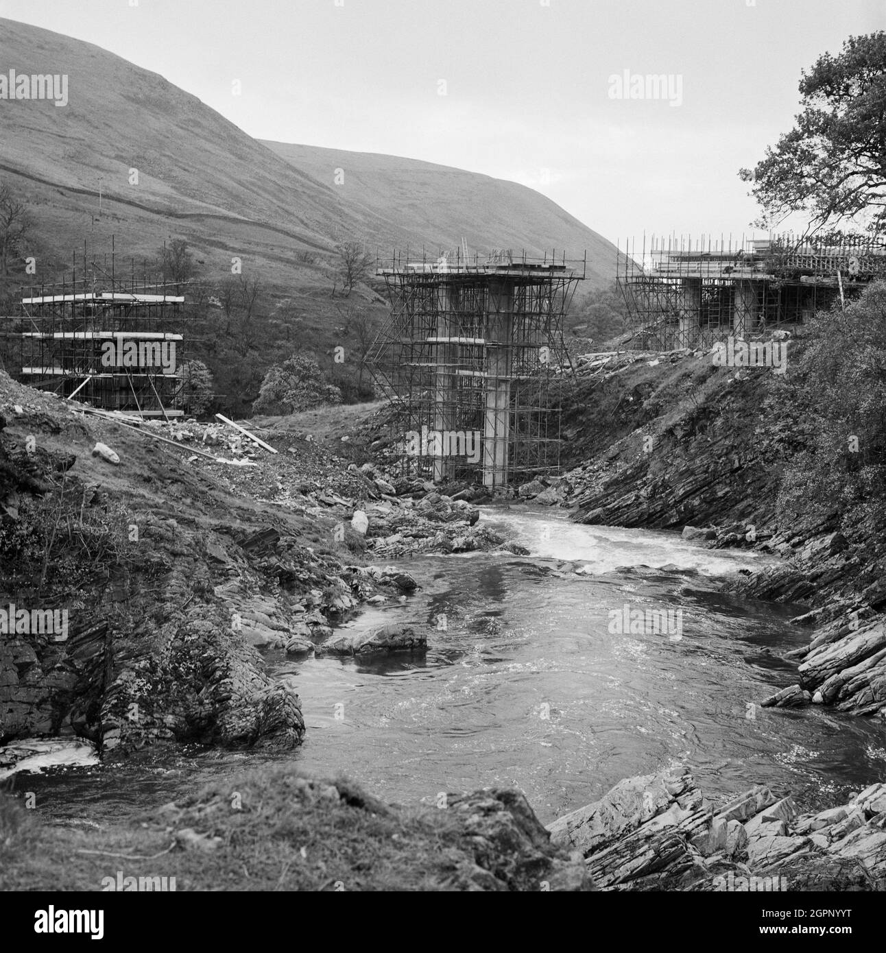 A view of the construction of the M6 Motorway through the Lune Gorge ...