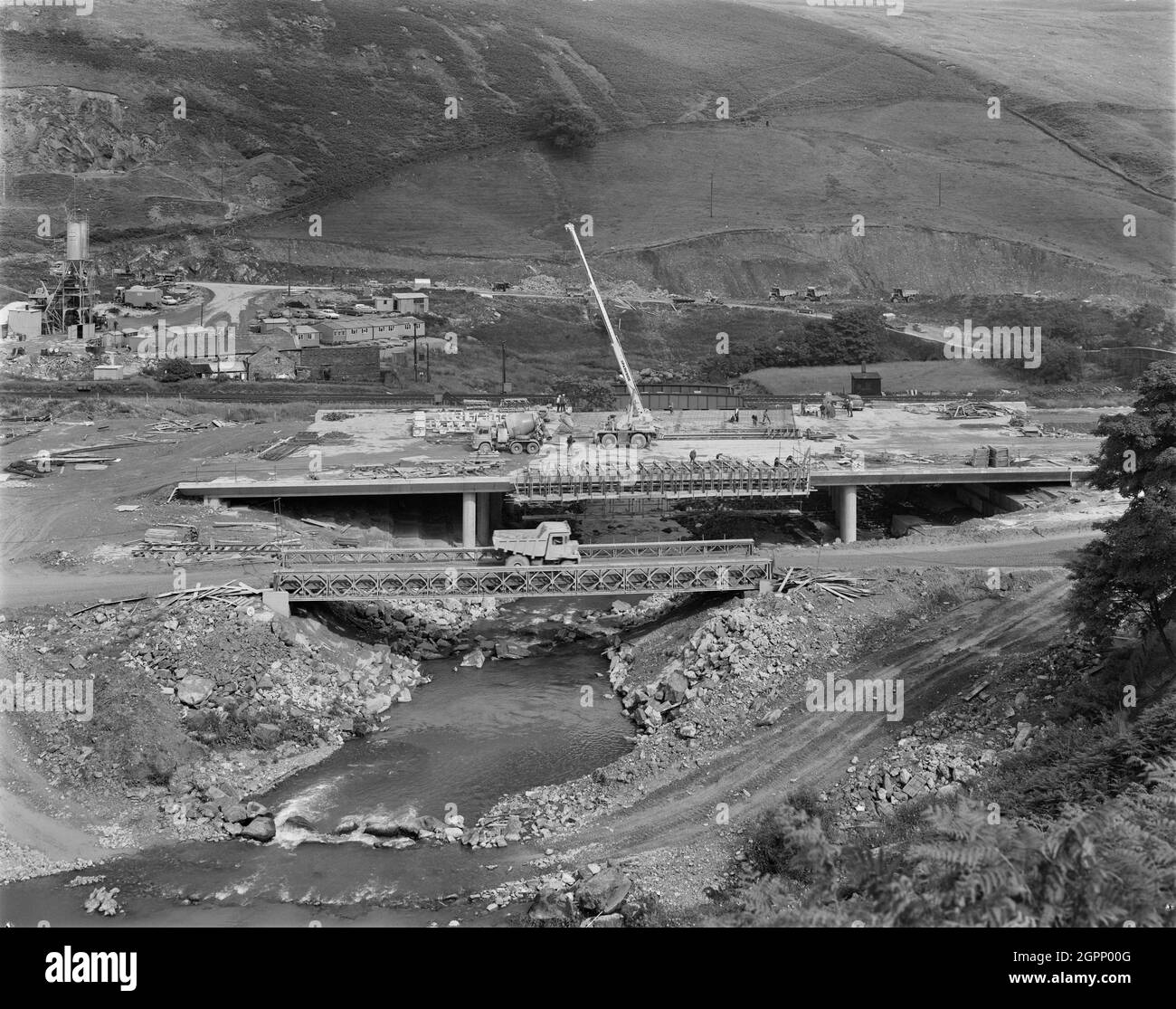 A view of the construction of the M6 Motorway through the Lune Gorge ...