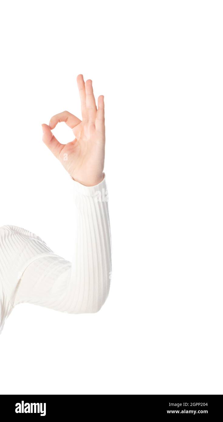 Female hand in gesture of okay or letter O. Sign of success, victory or ...