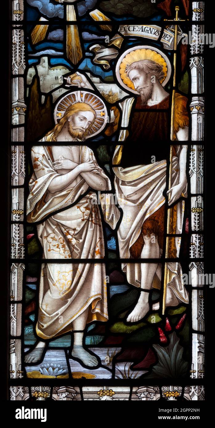 Saint John the Baptist baptising Christ, east window detail, St. Chad`s ...