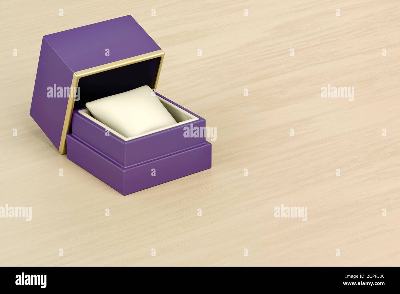 Open purple gift box on wood desk Stock Photo - Alamy