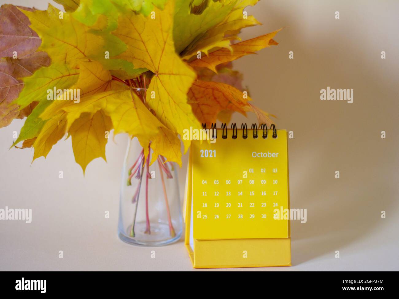 A tear-off calendar for October 2021 and an autumn bouquet of bright ...