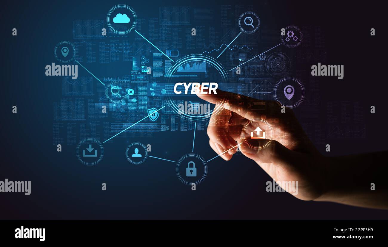 Hand touching cybersecurity button concept Stock Photo - Alamy