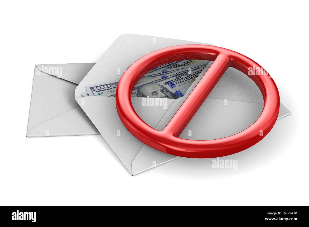 envelope and sign forbidden with money on white background. Isolated 3D ...