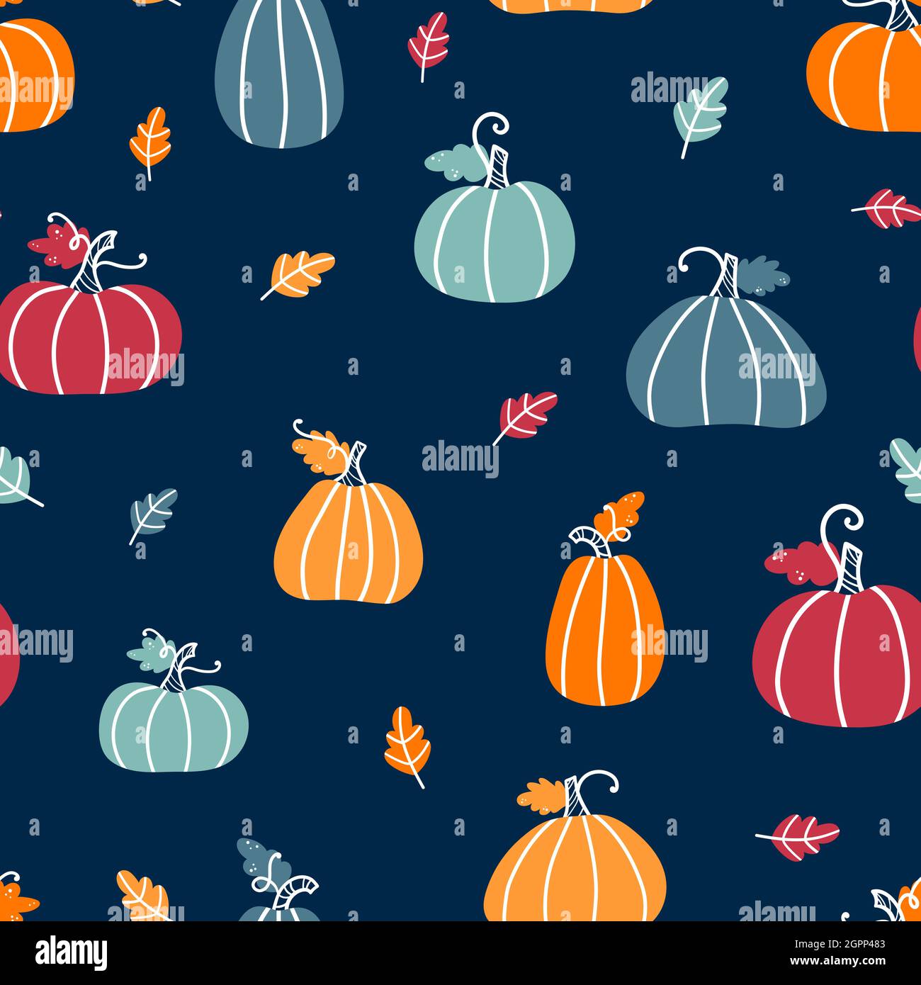 Cute hand drawn Thanksgiving seamless pattern with pumpkins and leaves ...