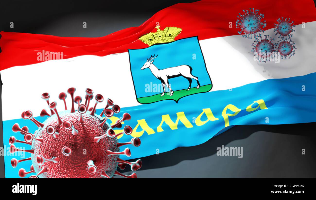 Covid in Samara - coronavirus attacking a city flag of Samara as a ...