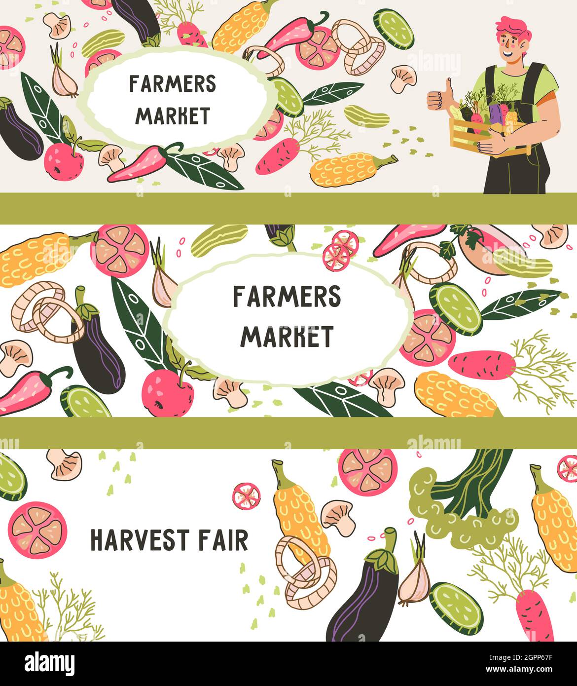 Seasonal farmers market and harvest fair banners or flyers, posters set ...