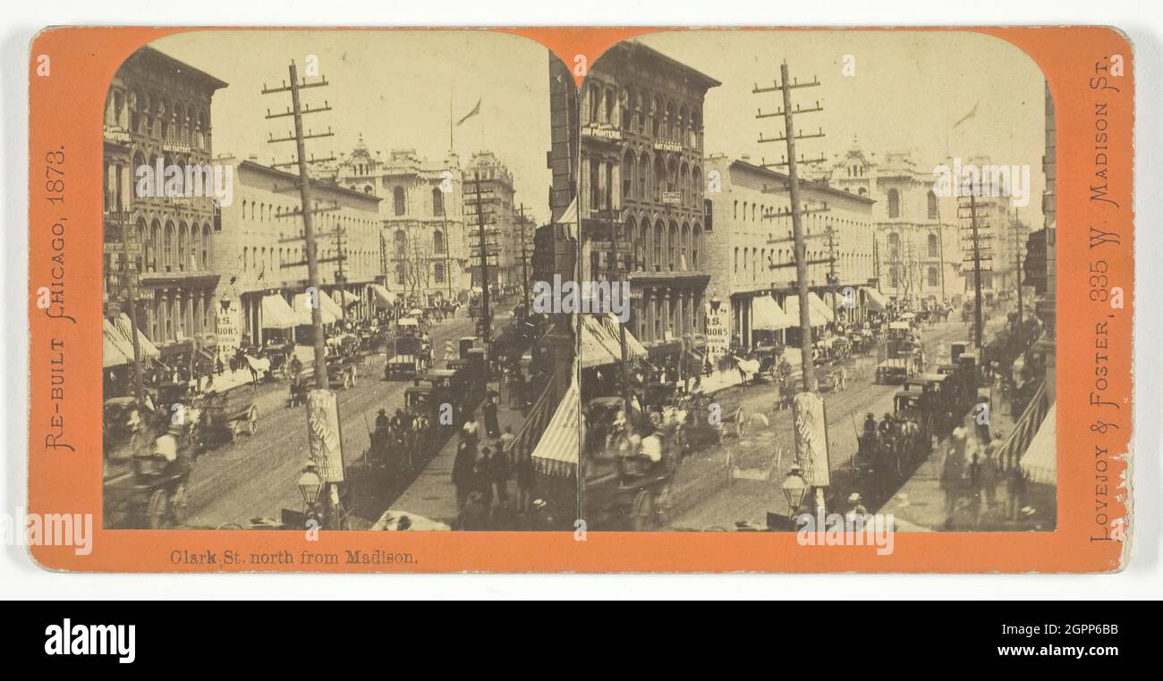 Clark Street, North from Madison, 1873. [View of downtown Chicago ...