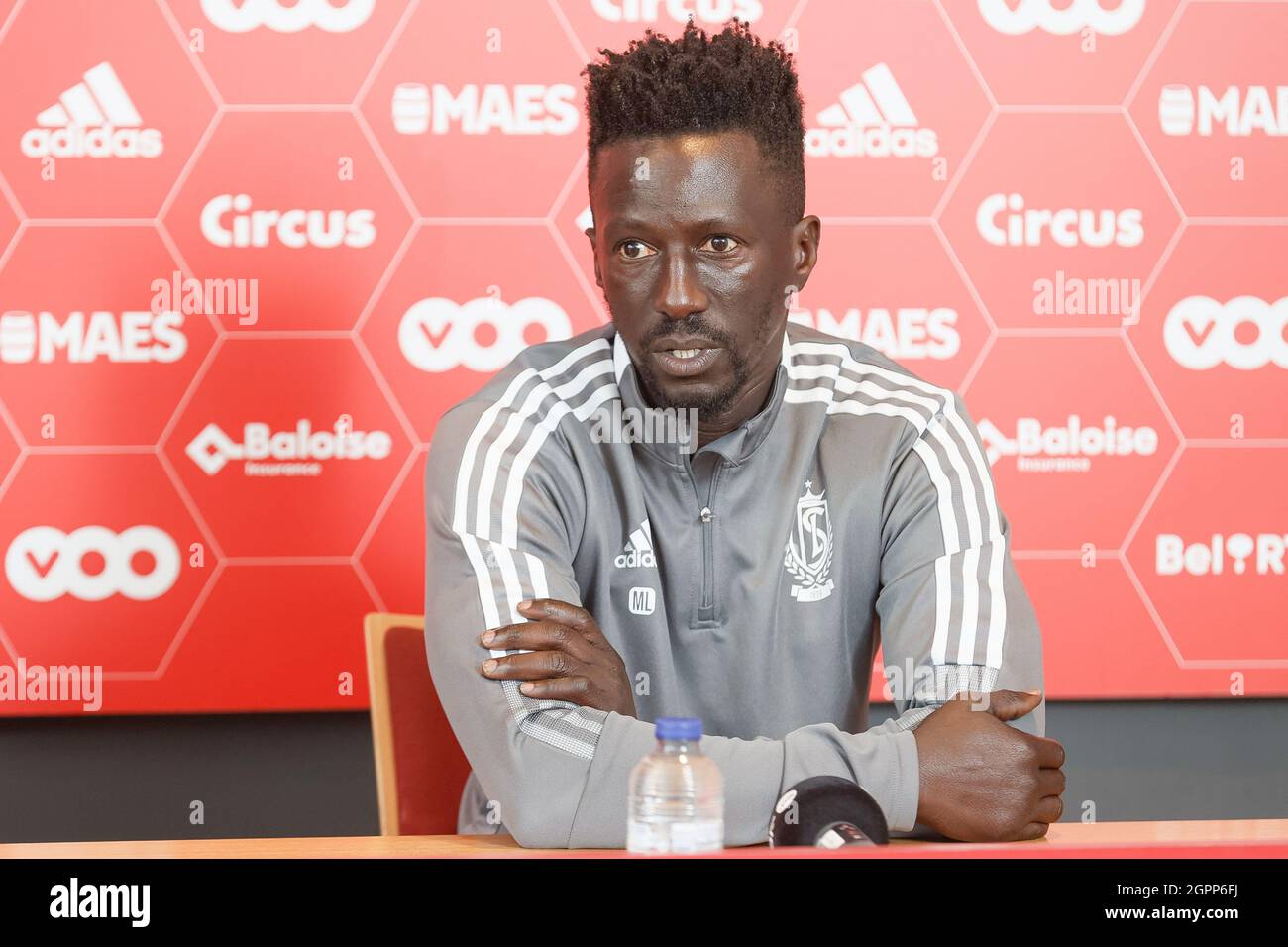 Standard's head coach Mbaye Leye pictured during the weekly press ...