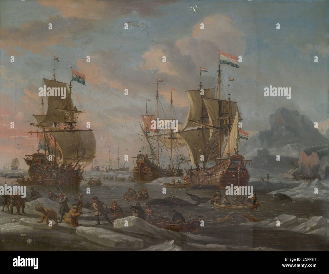 The Dutch Whaling Fleet, 1690/1700. Sailors harpooning whales and ...