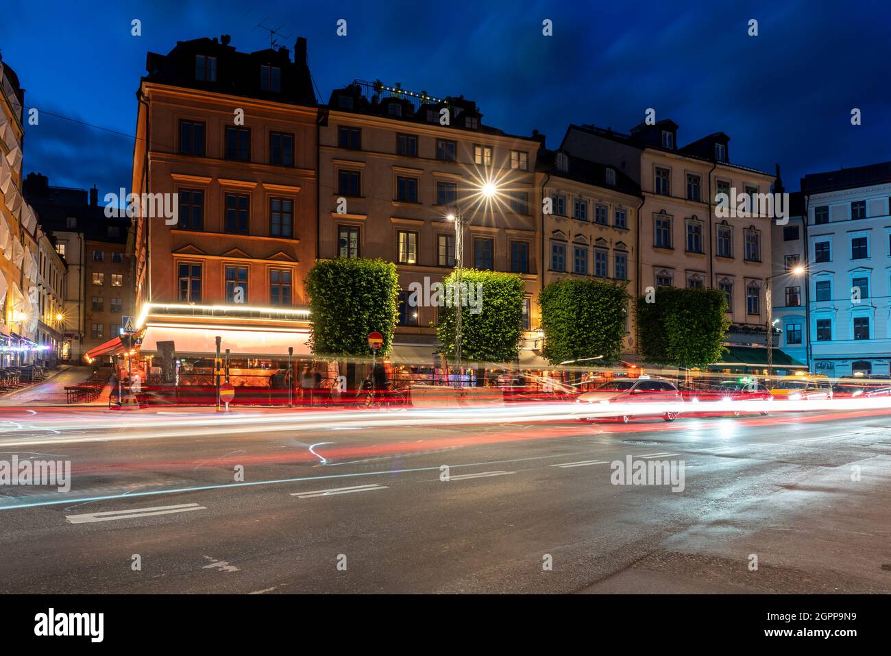 Sweden, Stockholm, Gamla Stan, Old historic buildings with bars and ...