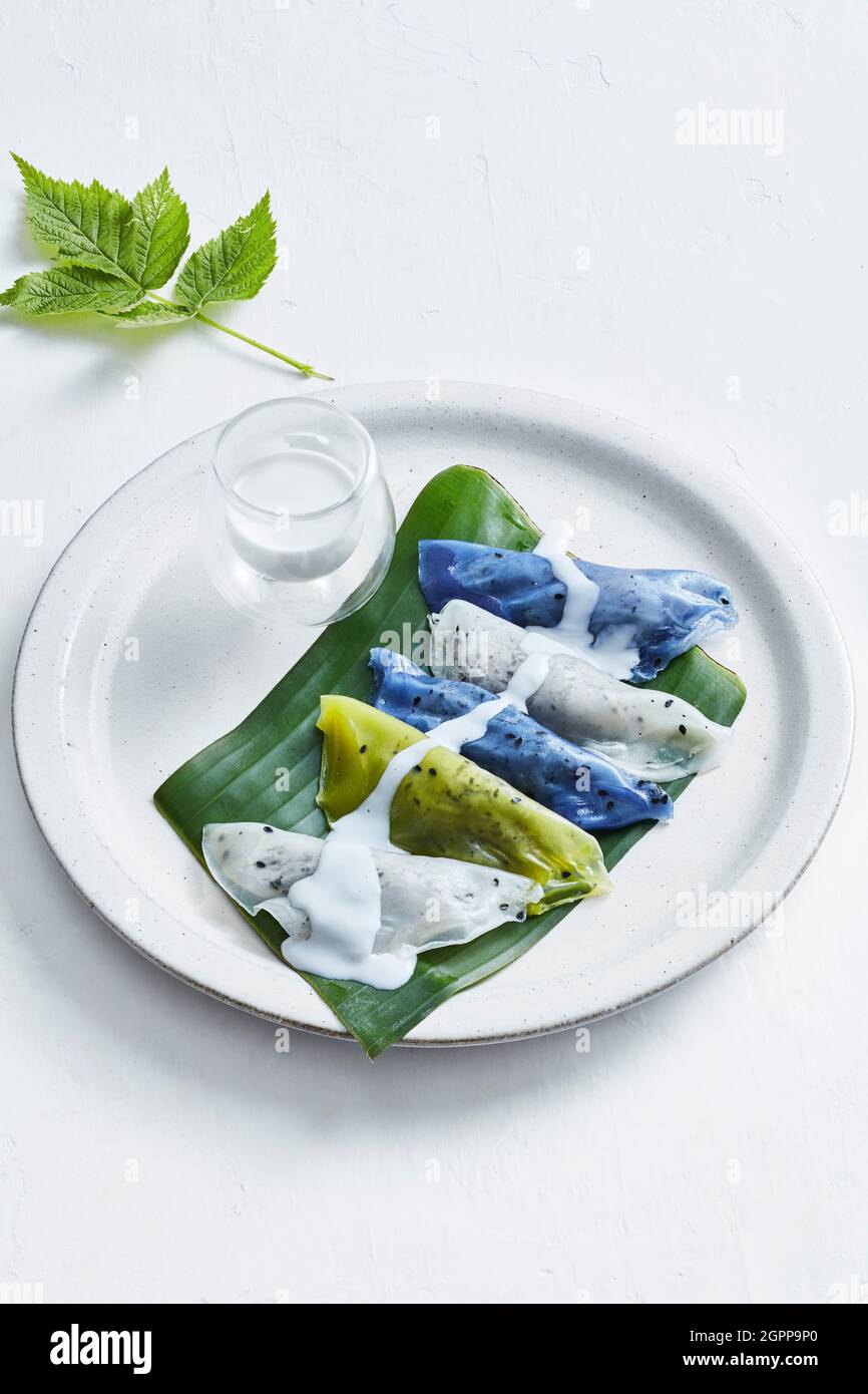 Colorful Thai dumplings Khao Kriab Pak Moh on plate Stock Photo - Alamy