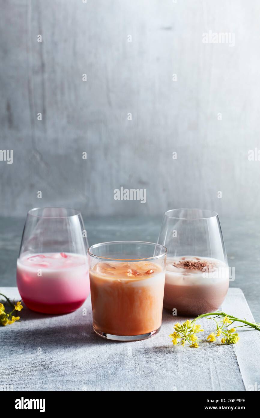 Studio shot of colorful cocktails, Chanom, Thai milk tea Stock Photo ...