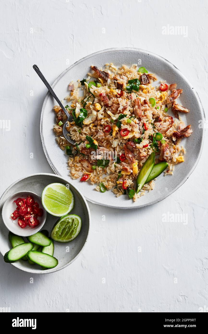 Overhead view of Kao Pad Pla-Kem, salty mackerel fried rice Stock Photo ...