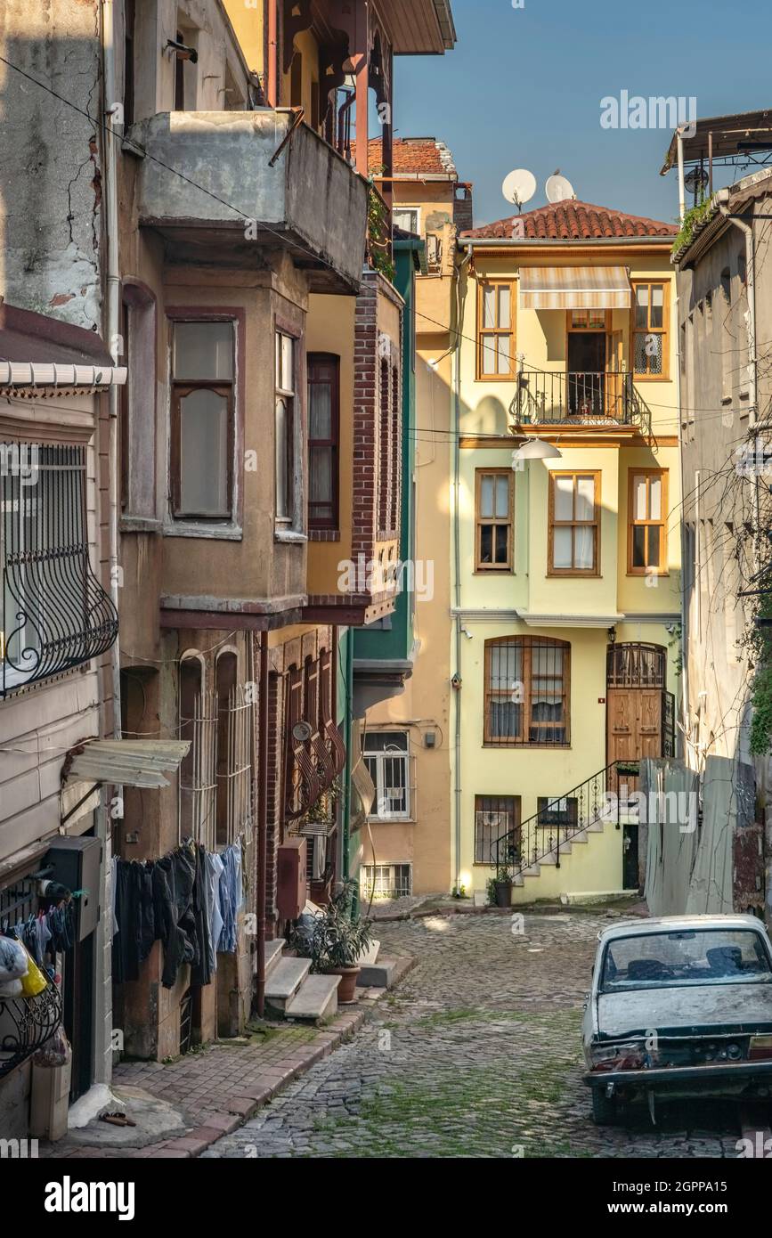 Turkey, Istanbul, Narrow alley and houses in Balat district Stock Photo ...