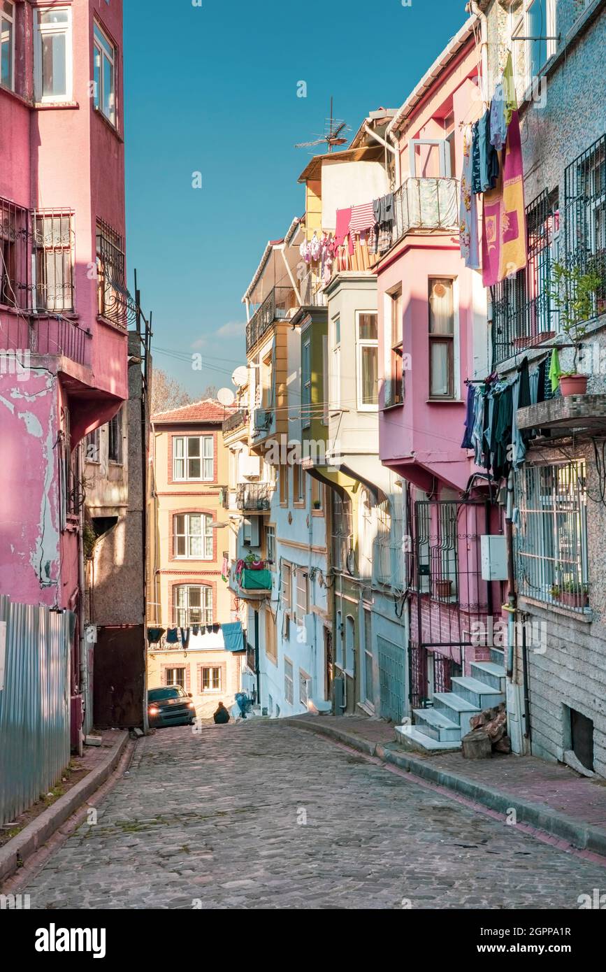 Turkey, Istanbul, Narrow alley and houses in Balat district Stock Photo ...