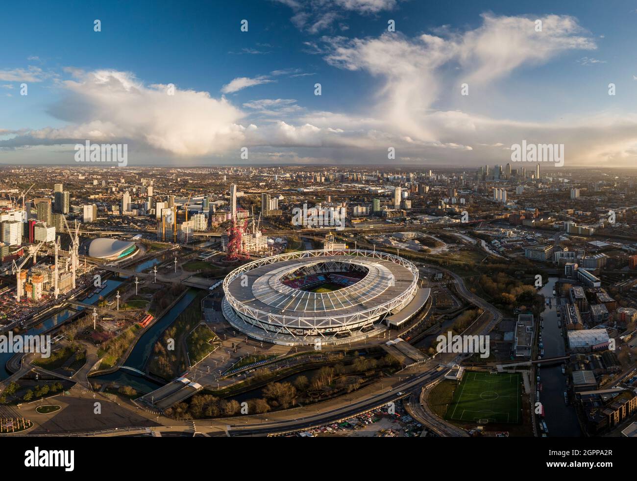 UK, London, Aerial view The Olympic Stadium at sunset Stock Photo - Alamy