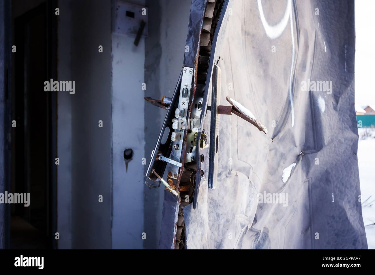 Close up view of broken lock and door frame damaged from break-in Stock ...