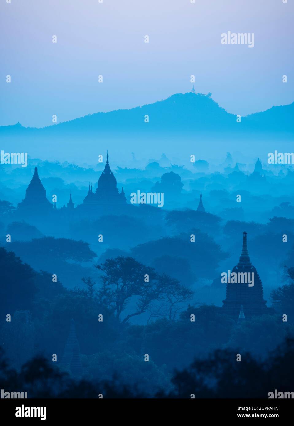 Myanmar, Bagan, view of temples in morning mist Stock Photo - Alamy