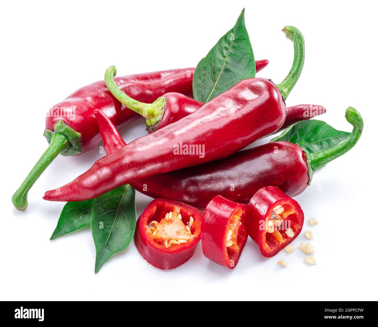 Fresh red chilli pepper and cross section of chilli pepper with seeds ...