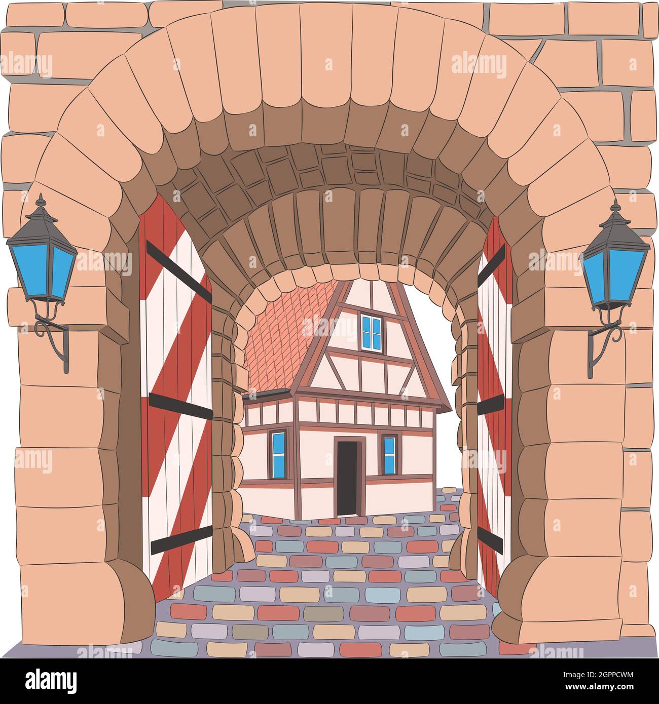 Vector illustration of an urban medieval gate in the fortress wall ...