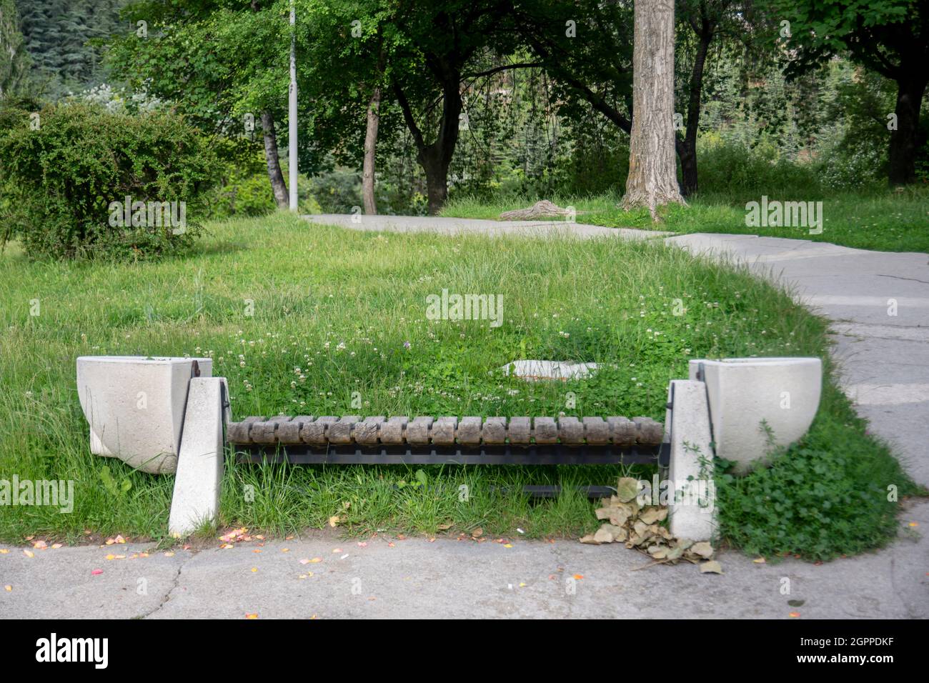 An empty bench in the city park on an autumn day. grass, trees, and dry ...
