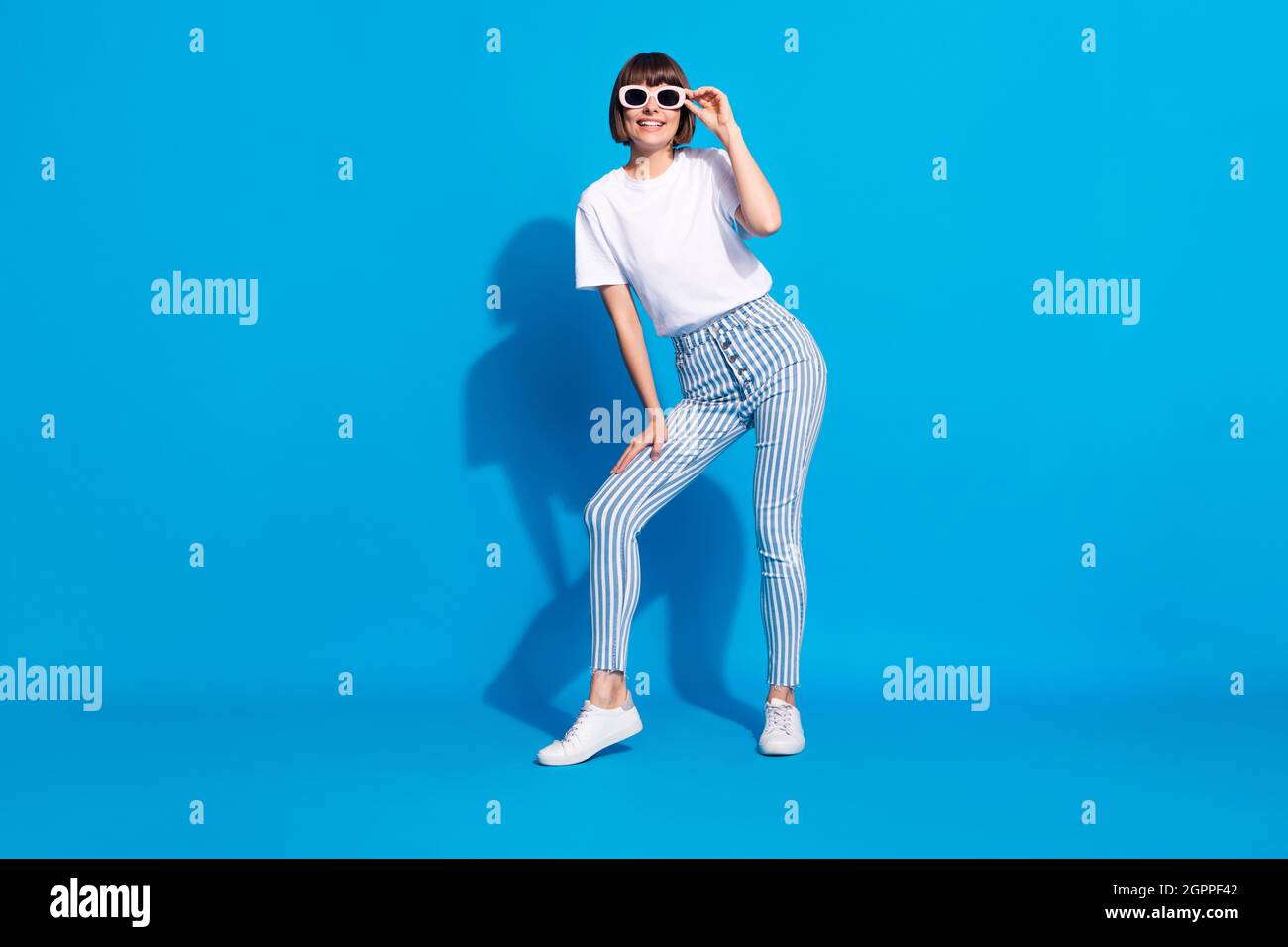 Full length body size photo careless girl in sunglass wearing stylish ...