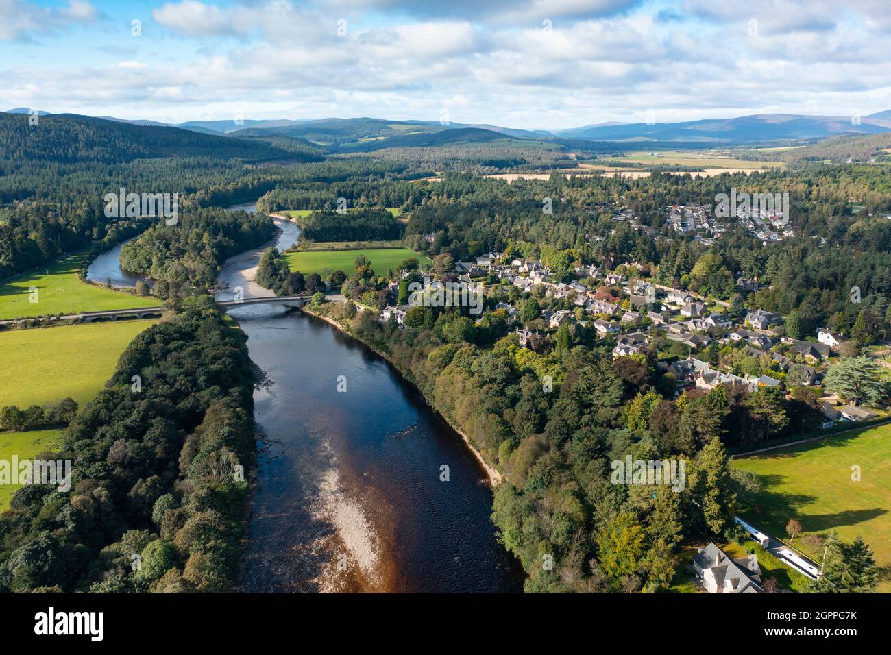 Aerial view from drone of village of Aboyne on the River Dee in Deeside ...