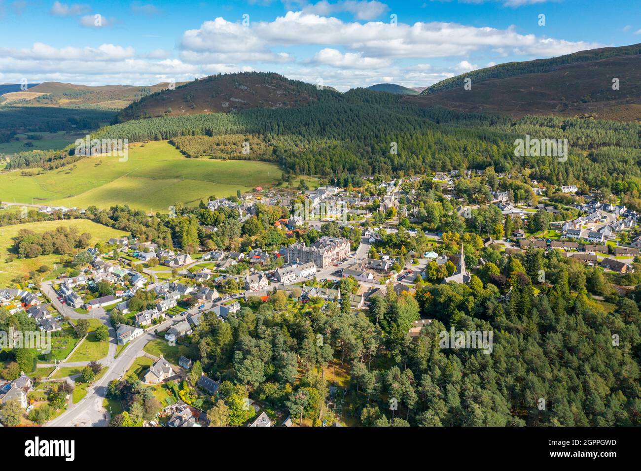 Aerial view from drone of village of Braemar in Cairngorms National ...