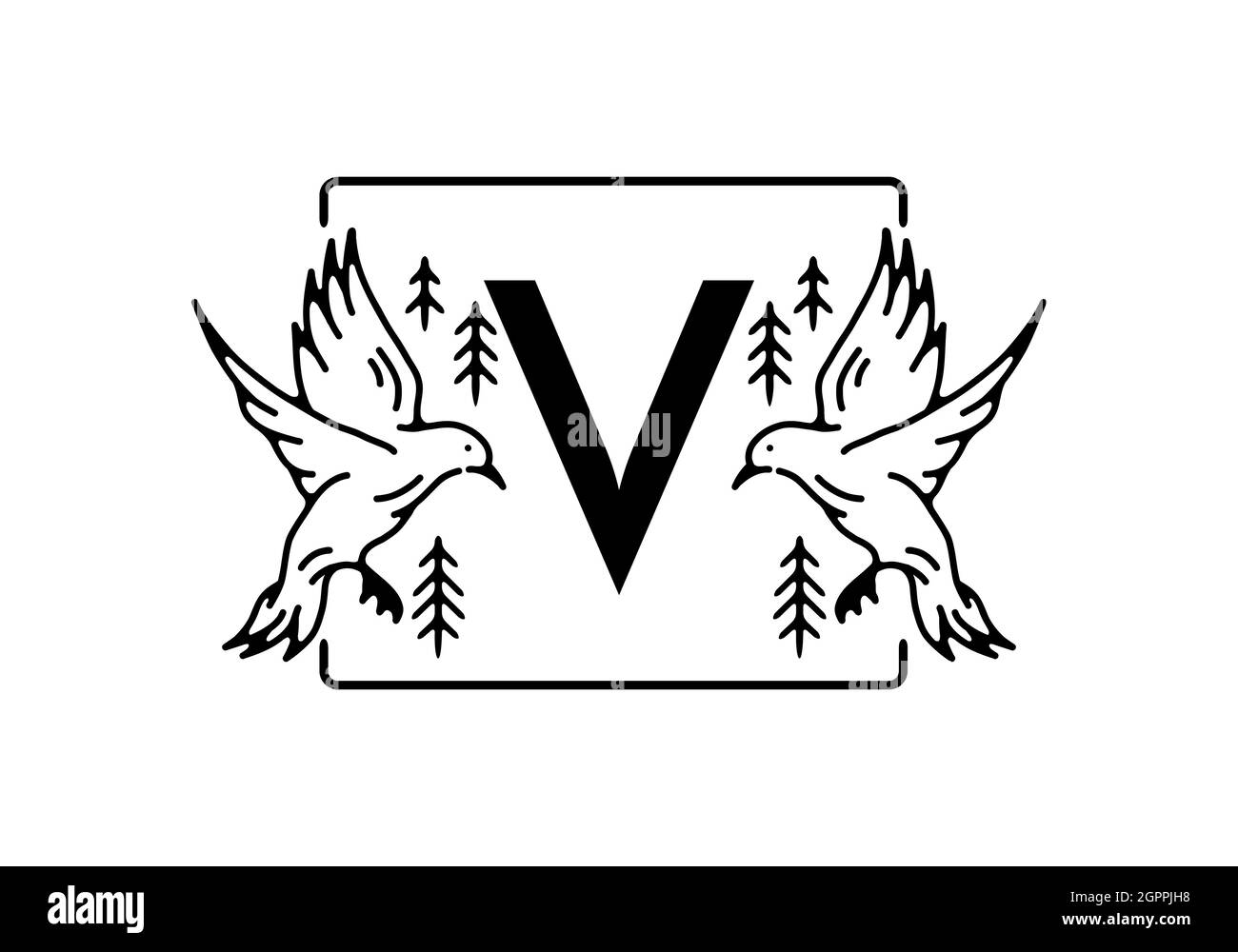 Black color of bird line art with V initial letter design Stock Vector ...
