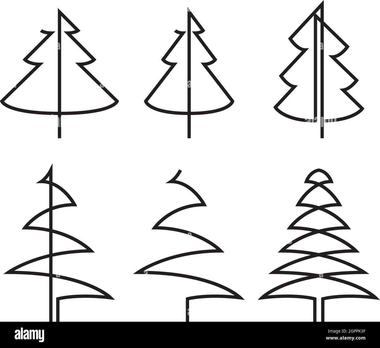 Continuous line drawing of pine. Fir-tree collection. Black isolated on ...