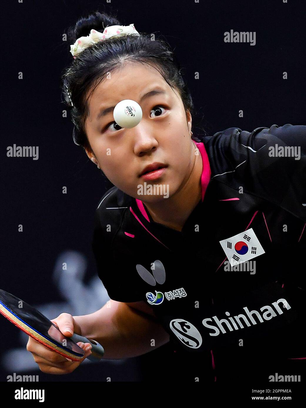 Doha, Qatar. 30th Sep, 2021. Shin Yubin of South Korea competes against ...