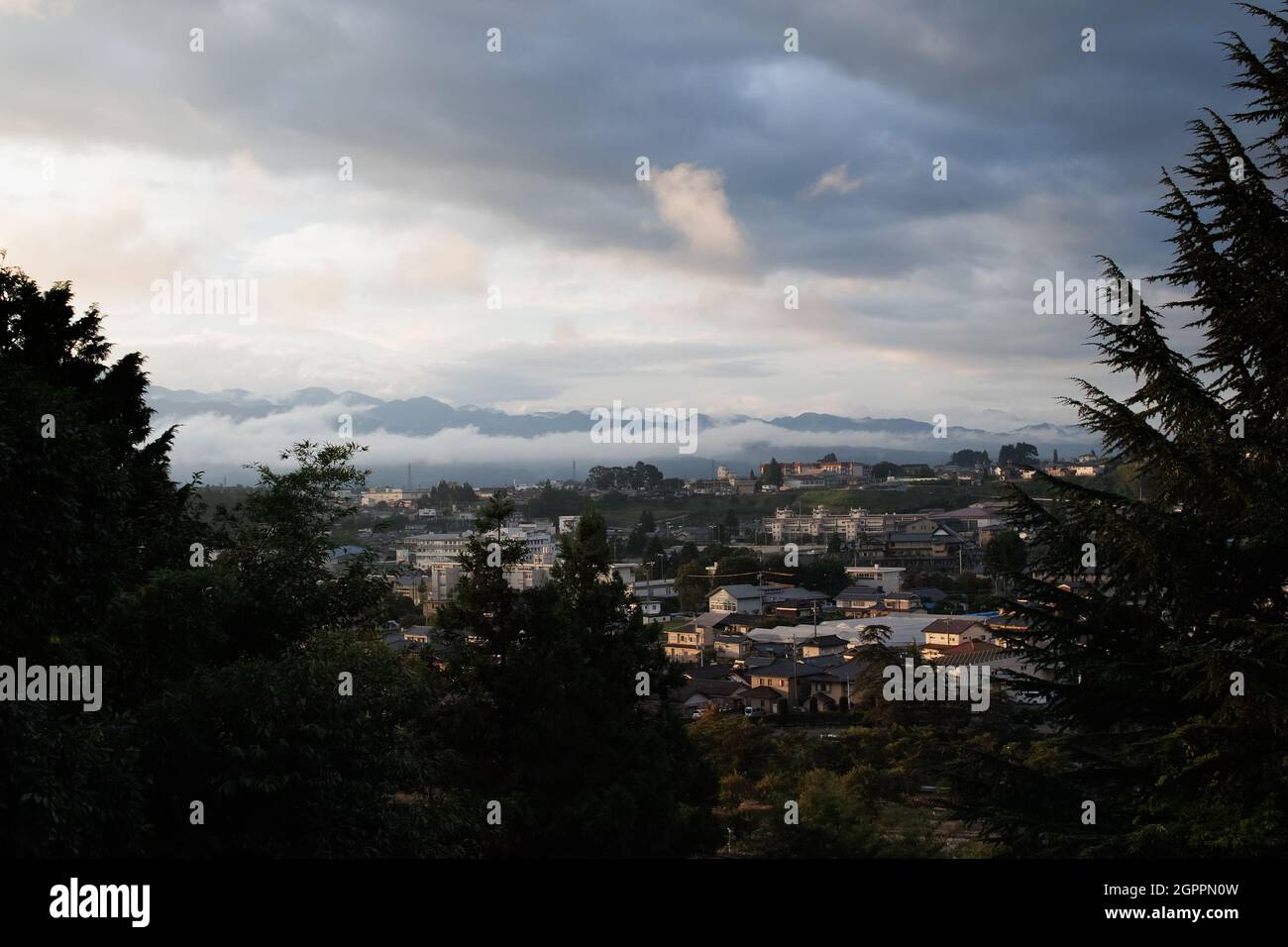 Iida, Nagano, Japan, 2021-07-09 , early morning view of Iida city, a ...