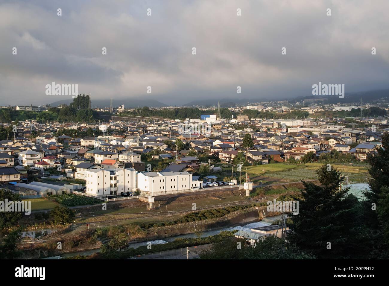 Iida, Nagano, Japan, 2021-07-09 , early morning view of Iida city, a ...