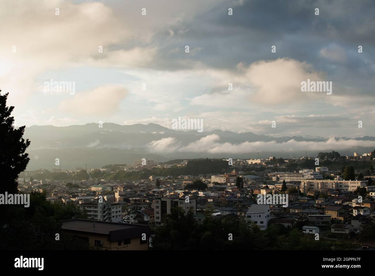 Iida, Nagano, Japan, 2021-07-09 , early morning view of Iida city, a ...