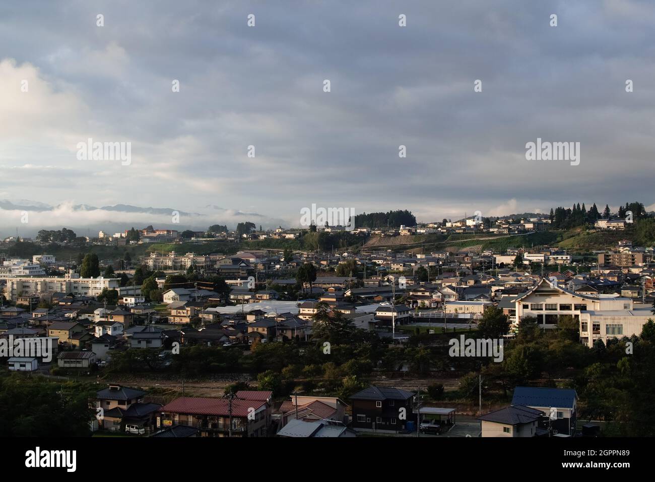 Iida, Nagano, Japan, 2021-07-09 , early morning view of Iida city, a ...