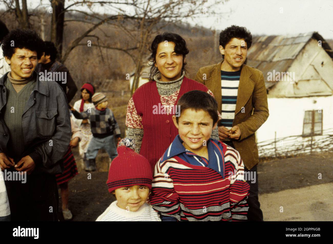 Romani people on the road outside their village near Satu Barbâ north ...