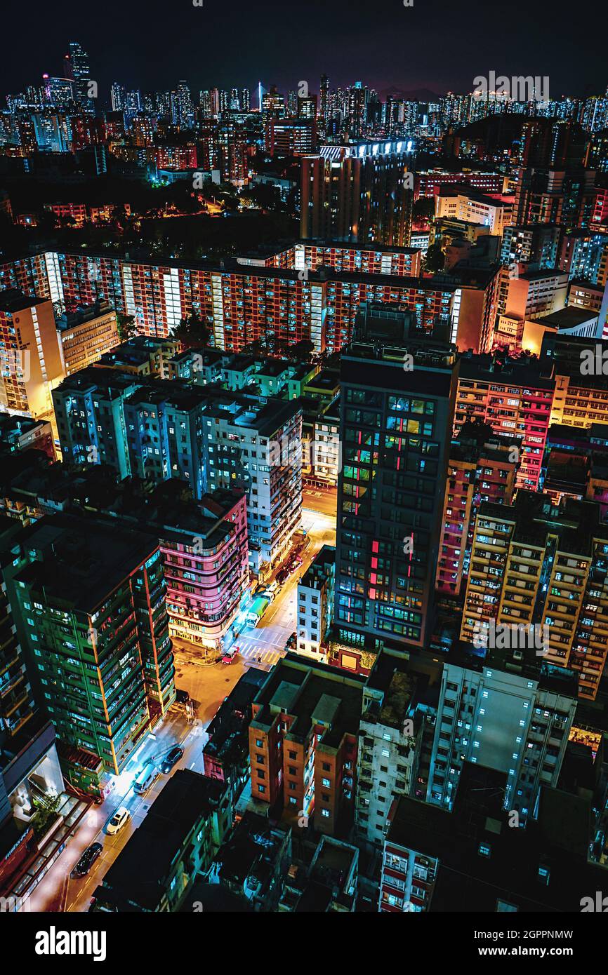 Aerial View Of Illuminated City Buildings At Night Stock Photo - Alamy