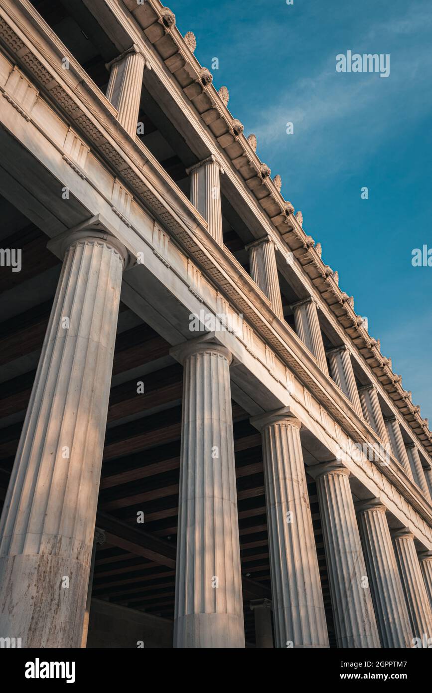 The column and statues at Stoa of Attalos, in Ancient Agora of Athens ...