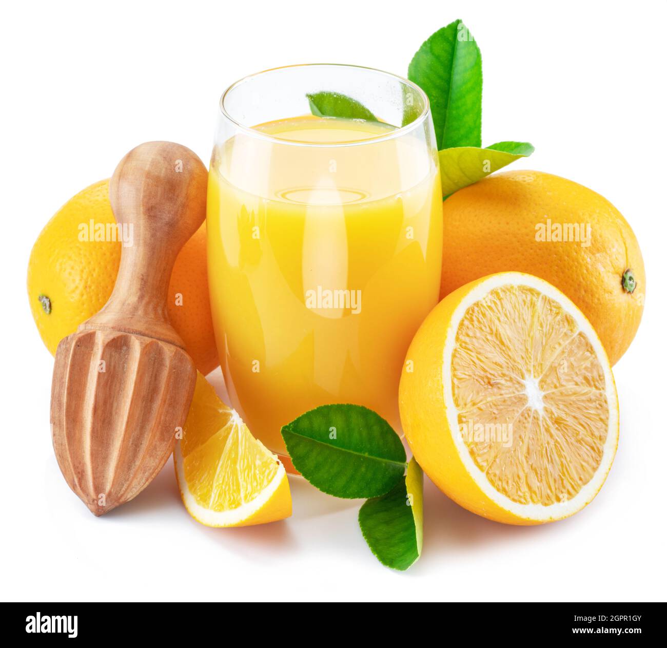 Yellow orange fruits and glass of fresh orange juice isolated on white ...