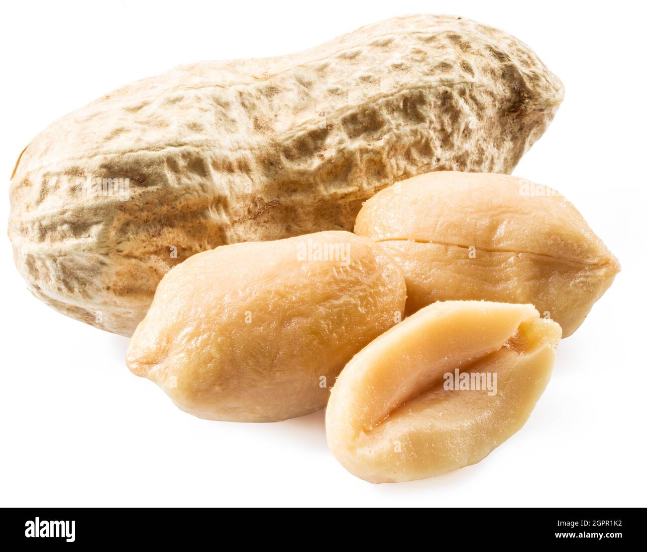 Peeled peanuts and peanut pod isolated on white background. Close-up ...