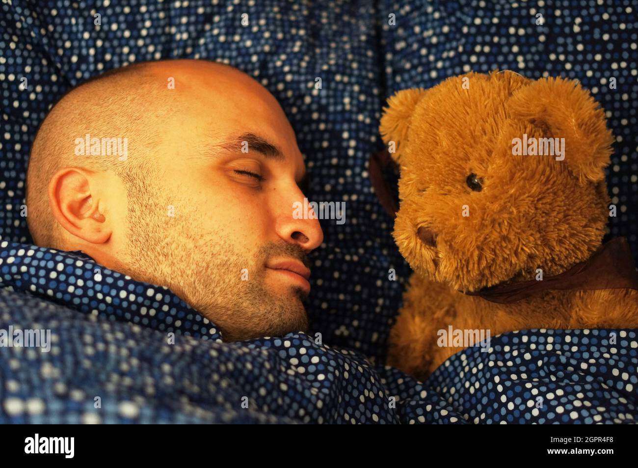 Top view of a bearded Polish young male sleeping with his fluffy teddy ...