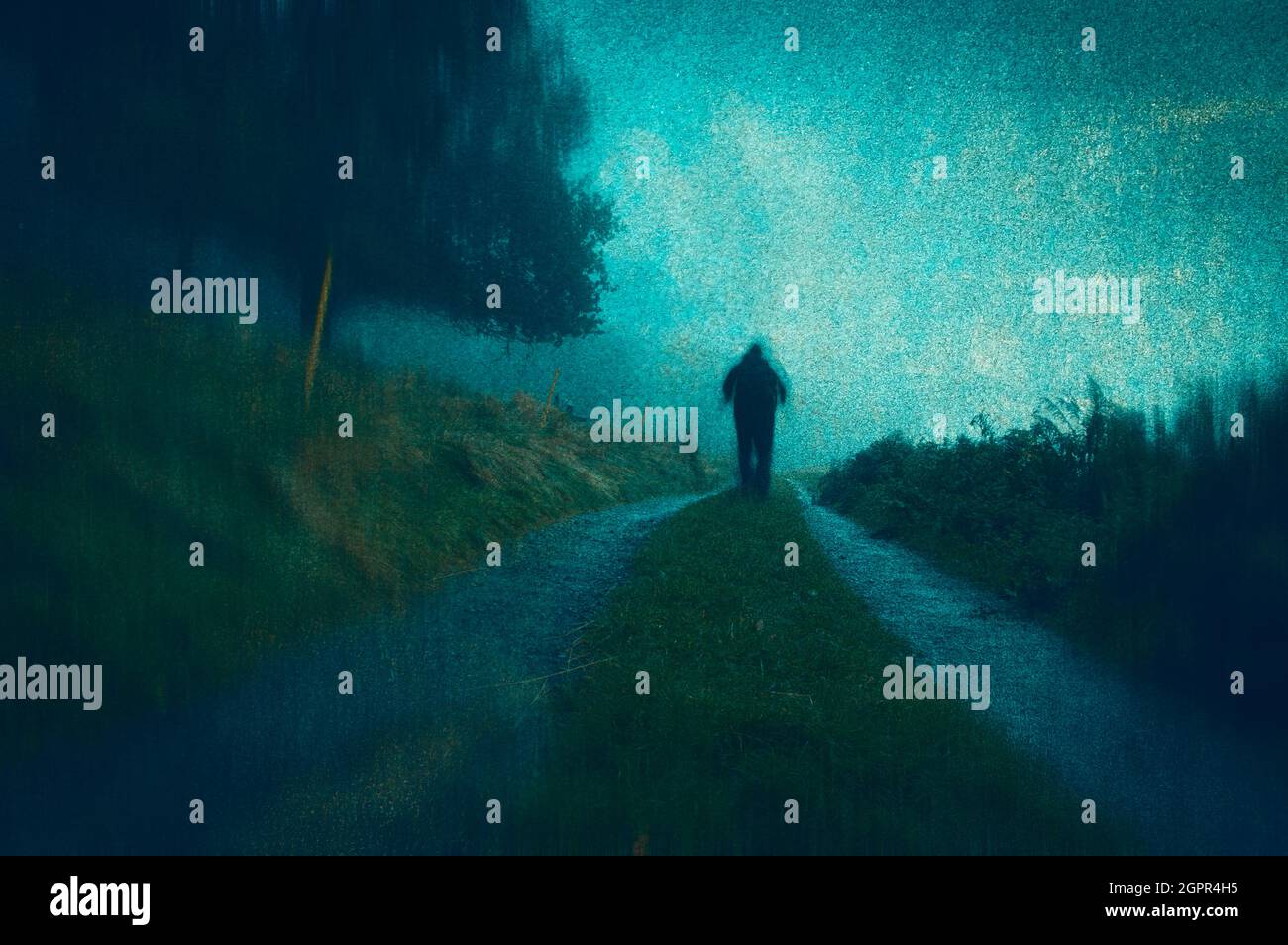 A dark scary concept. Of a mysterious ghost figure, with glowing eyes ...