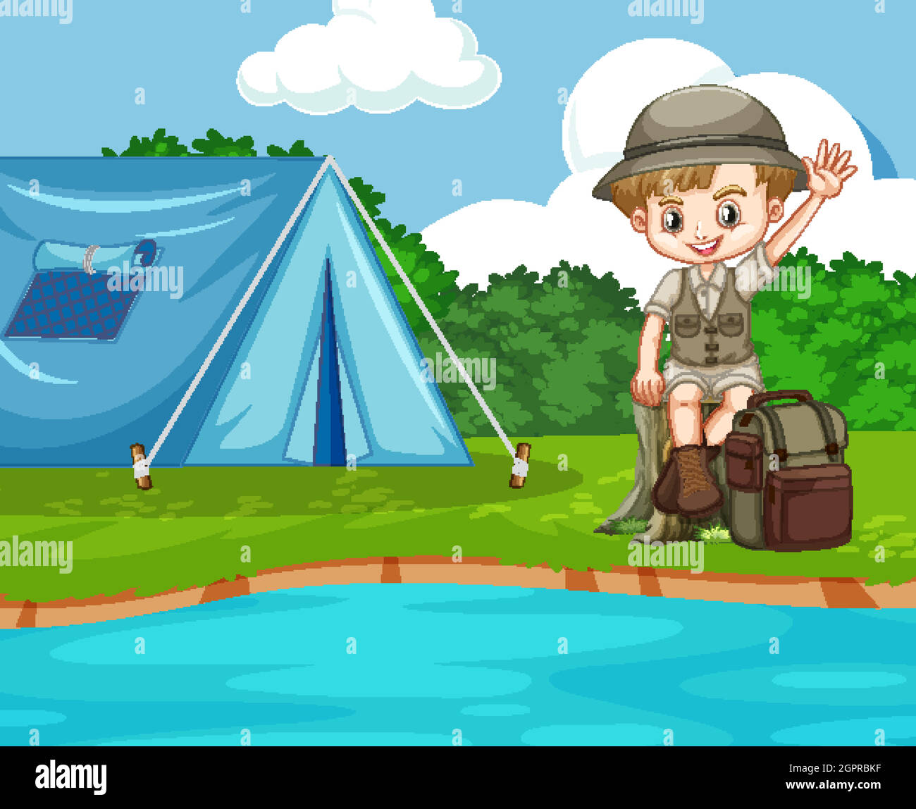 Scene with cute boy camping by the river Stock Vector Image & Art - Alamy
