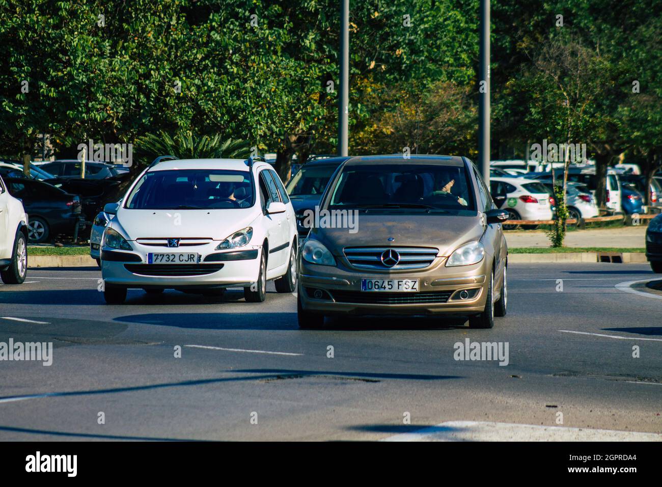 Seville Spain September 28, 2021 Traffic jam in the streets of Seville ...
