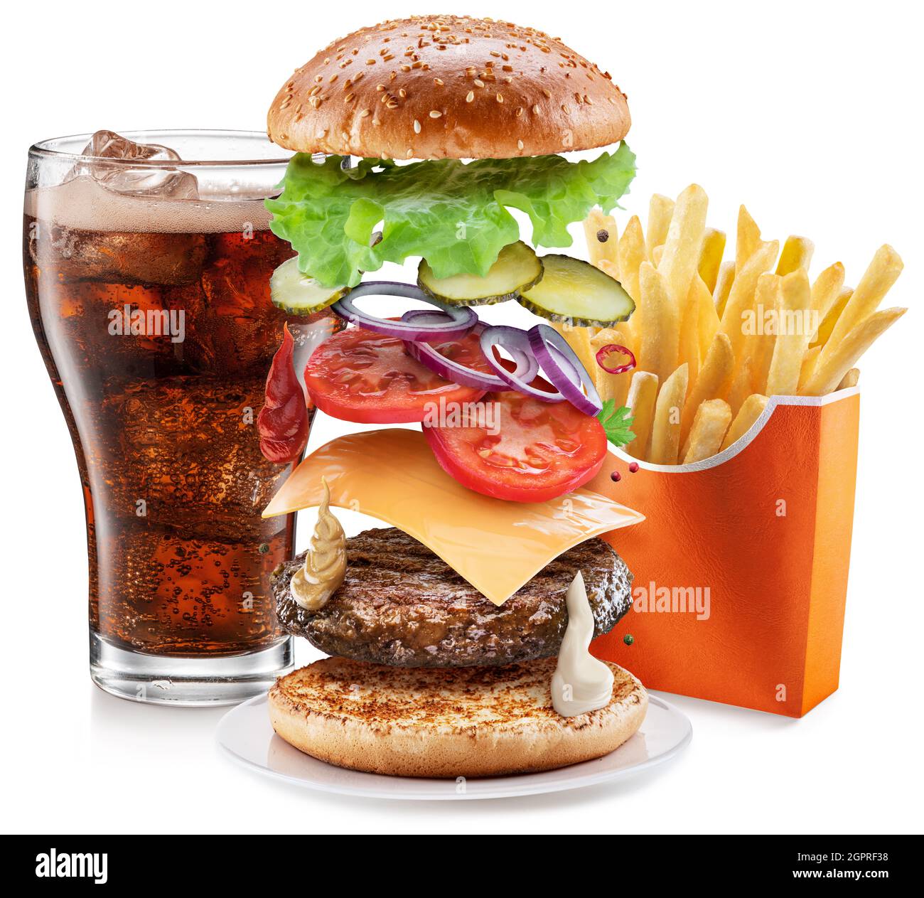 Delicious cheeseburger with cola and potato fries on the white ...