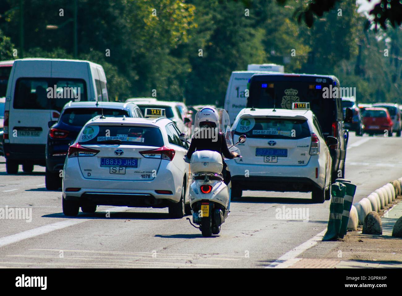 Seville Spain September 28, 2021 Traffic jam in the streets of Seville ...